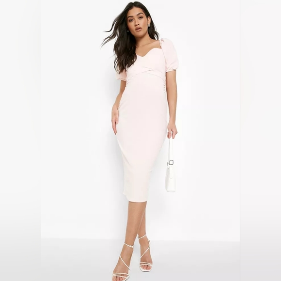 Boohoo | Dresses | Boohoo Pink Maternity Puff Sleeve Midi Dress | Poshmark